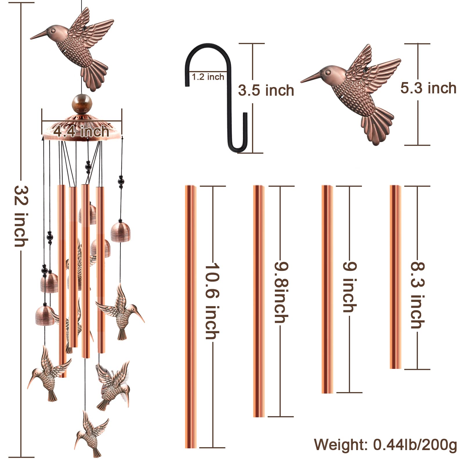 Wind Chimes Outdoor Clearance, Ukulork Aluminum Tube Windchime with S Hook,Patio Garden Decor, Housewarming Gift. (Hummingbird)