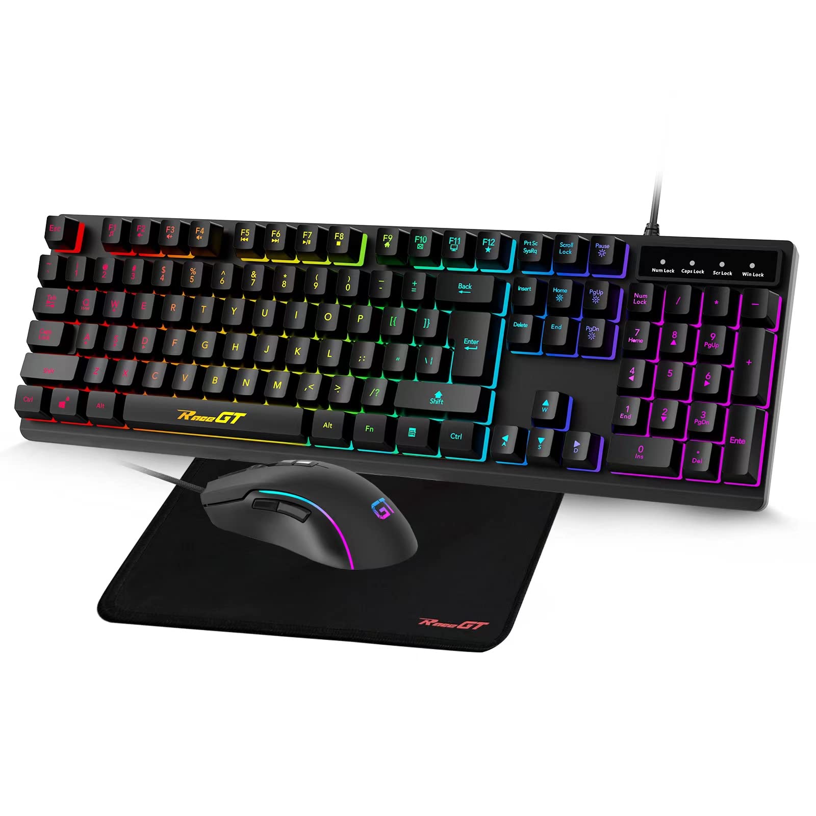 Gaming Keyboard and Mouse Combo with Mouse Pad, RaceGT 3 in 1 Gaming Wired Keyboard RGB Backlit, 7 Button 6400DPI Wired Gaming Mouse, PC Accessories Compatible for Computer PC Laptop