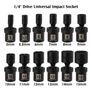 MIXPOWER 12 Pieces 1/4" Drive Universal Impact Socket Set, CR-MO, Metric, Swivel Socket with Flexible Wobble, 5mm - 15mm