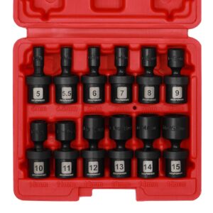 MIXPOWER 12 Pieces 1/4" Drive Universal Impact Socket Set, CR-MO, Metric, Swivel Socket with Flexible Wobble, 5mm - 15mm