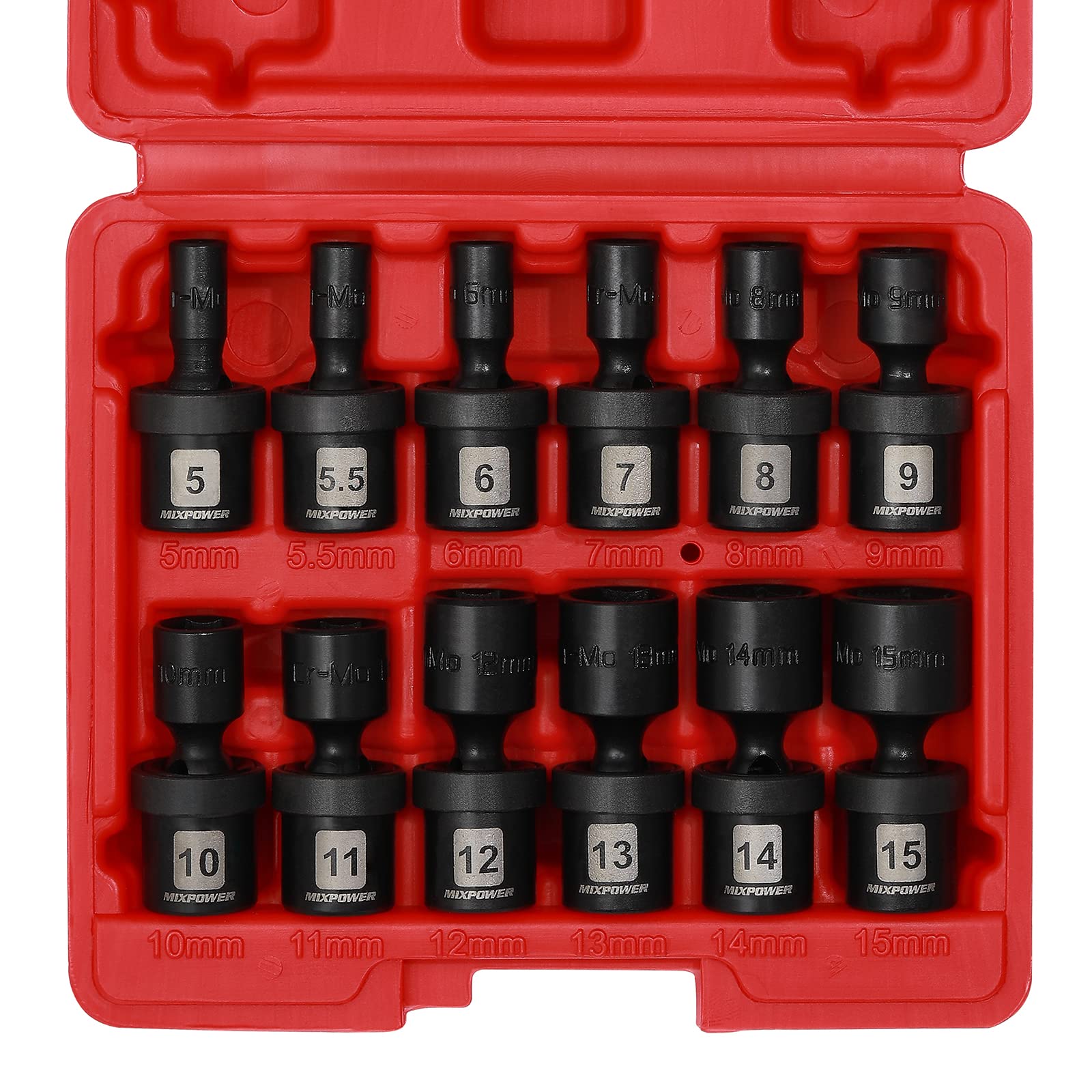 MIXPOWER 12 Pieces 1/4" Drive Universal Impact Socket Set, CR-MO, Metric, Swivel Socket with Flexible Wobble, 5mm - 15mm