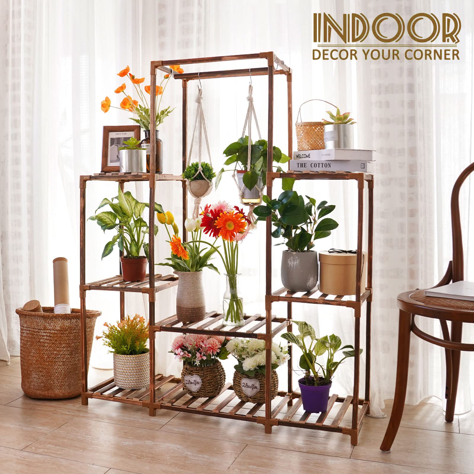 Uneedem Plant Stand Indoor Outdoor Tall Shelf for Multiple Plants 8 Tiers 12 Pot Large Rack Pine Wood Corner Plant/Flower Holder for Room Corner Balcony