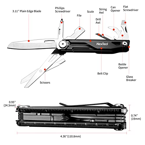 NexTool Knight Multi Tool Pocket Knife, Multitool Knife with Huge Scissors, Glass Breaker, Can/Bottle Opener, Floding Camping Knife with Safety Locking for Camping/Emergencies/EDC, Cool Gifts for Men