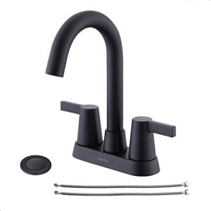 newater 2-handle matte black bathroom faucet 4-inch centerset 2-3 hole black bathroom sink faucet，lavatory sink faucet with pop-up drain assembly and faucet supply lines