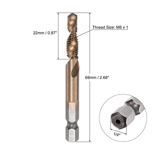 uxcell Combination Drill and Tap Bit, 1/4" Hex Shank M6 x 1 Metric Uncoated M35 Cobalt High Speed Steel Spiral Flute Drilling Tapping Tool