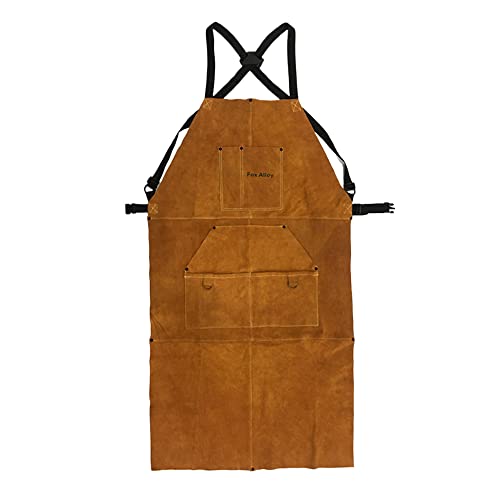 Long Real Leather Apron 43.7" Heavy Duty Work Apron with 6 Tool Pockets Heat Flame Resistant Welding Apron for Blacksmith Woodwork BBQ Fireplace Welders Men Women Safety Apparel