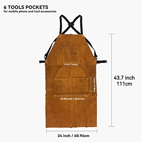 Long Real Leather Apron 43.7" Heavy Duty Work Apron with 6 Tool Pockets Heat Flame Resistant Welding Apron for Blacksmith Woodwork BBQ Fireplace Welders Men Women Safety Apparel