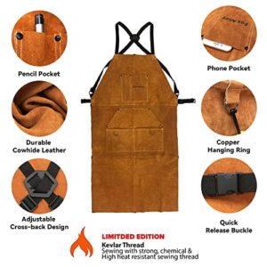 Long Real Leather Apron 43.7" Heavy Duty Work Apron with 6 Tool Pockets Heat Flame Resistant Welding Apron for Blacksmith Woodwork BBQ Fireplace Welders Men Women Safety Apparel