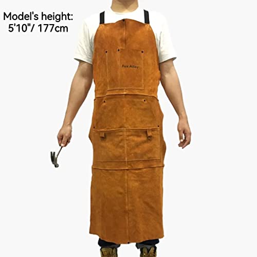 Long Real Leather Apron 43.7" Heavy Duty Work Apron with 6 Tool Pockets Heat Flame Resistant Welding Apron for Blacksmith Woodwork BBQ Fireplace Welders Men Women Safety Apparel