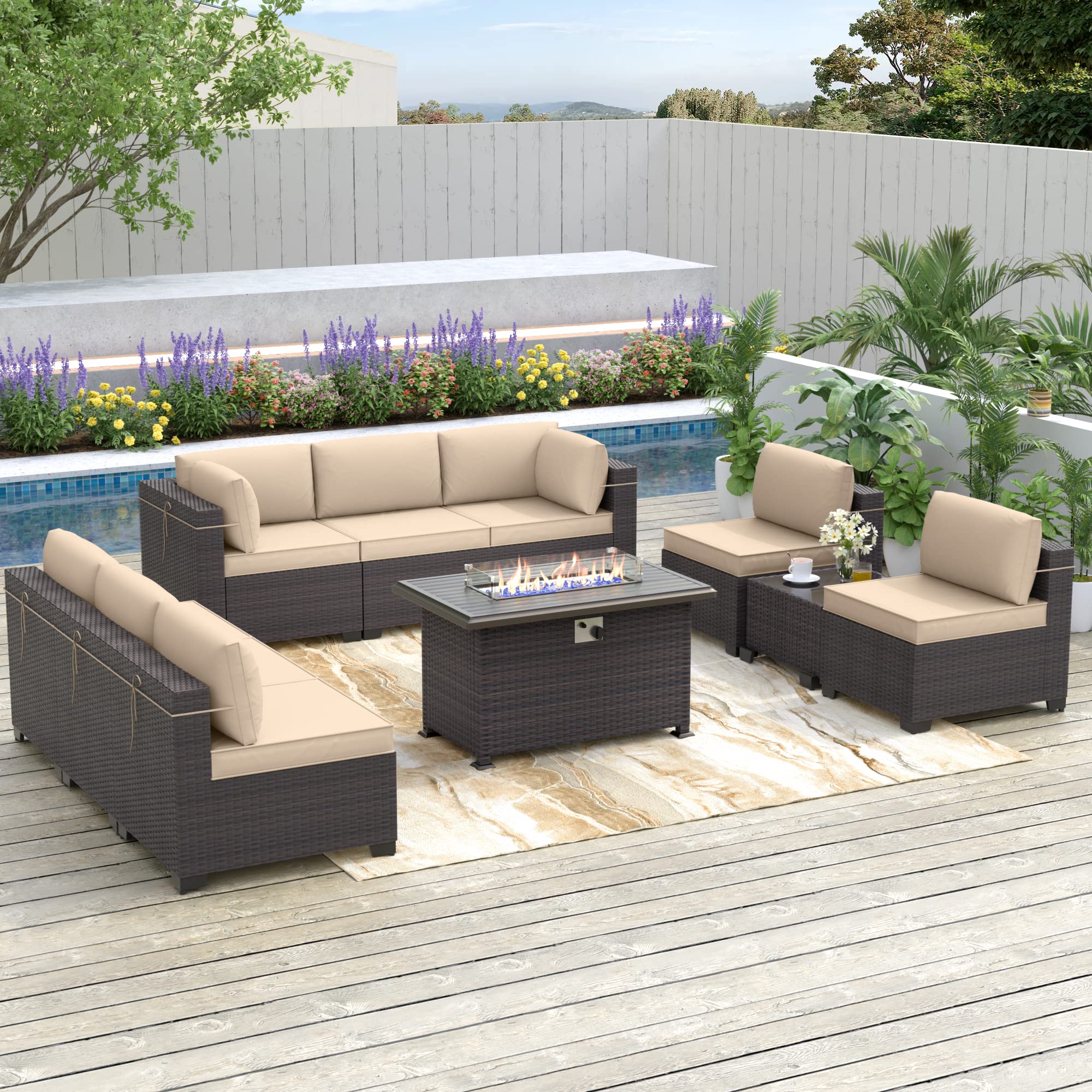 Delnavik Patio Furniture Sectional Sofa 10-Pieces PE Rattan Patio Conversation Set w/43in Gas Fire Pit Table, Outdoor Furniture with 55000 BTU Propane Fire Pit, Sand