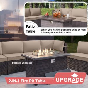 Delnavik Patio Furniture Sectional Sofa 10-Pieces PE Rattan Patio Conversation Set w/43in Gas Fire Pit Table, Outdoor Furniture with 55000 BTU Propane Fire Pit, Sand