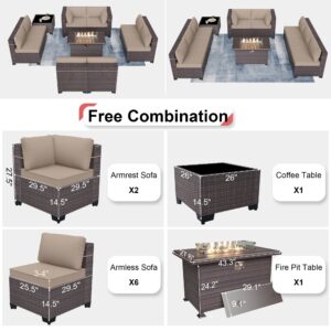 Delnavik Patio Furniture Sectional Sofa 10-Pieces PE Rattan Patio Conversation Set w/43in Gas Fire Pit Table, Outdoor Furniture with 55000 BTU Propane Fire Pit, Sand