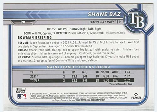 2022 BOWMAN #90 SHANE BAZ RC RAYS BASEBALL MLB