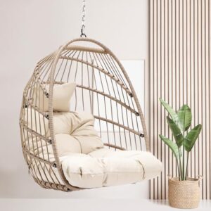 RADIATA Egg Chair Luxury Outdoor Patio Wicker Hanging Swing Egg Chairs with Water Resistant Cushions for Patio Backyard Balcony (Beige,Without Stand)