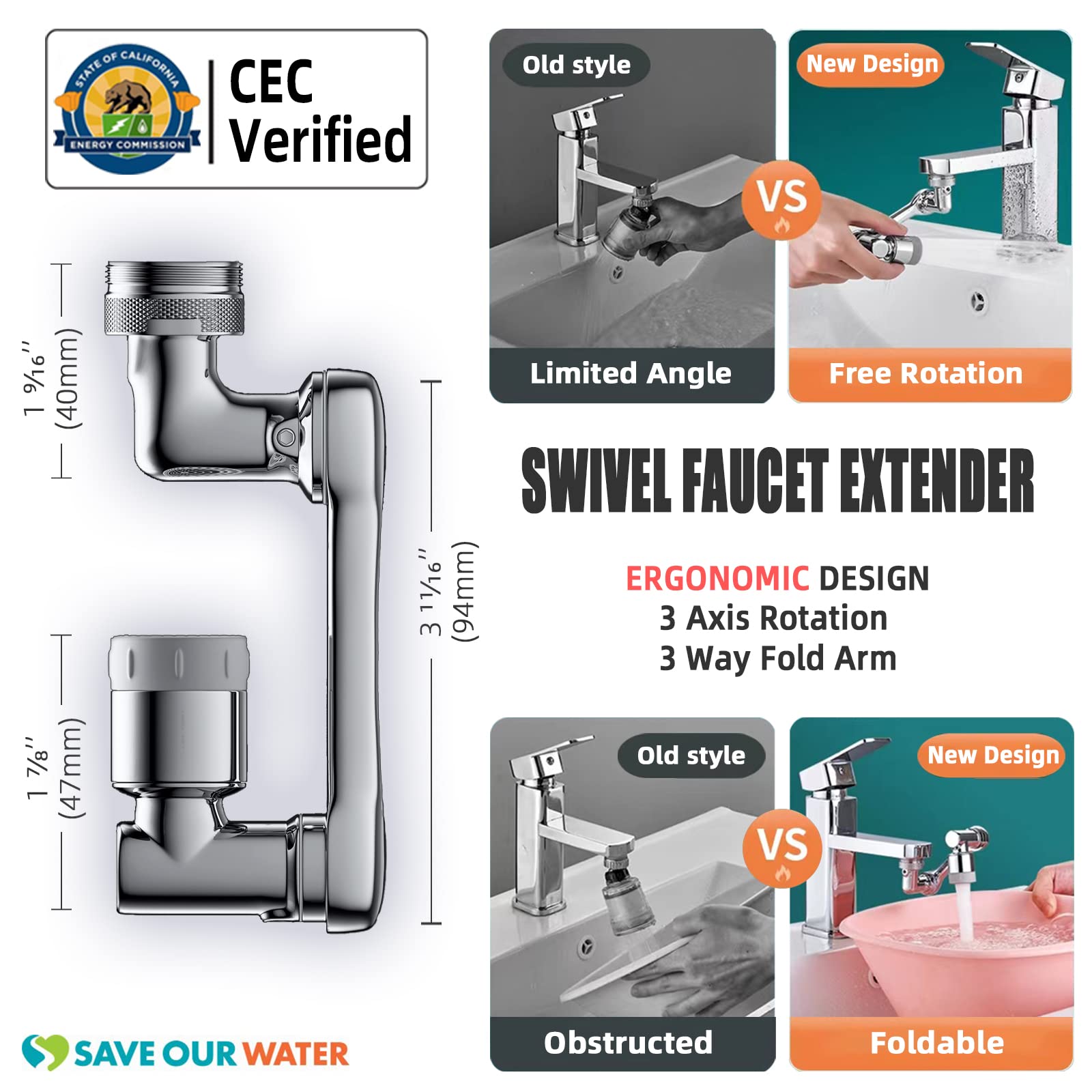 Swivel Sink Faucet Extender with 3 Axis Rotation, Butalso 3 Way Foldable Splash Filter Faucet Aerator, Kitchen/Bathroom Sink Adapter Sprayer Attachment for Gargle, Eyewash and Rinse