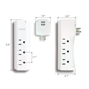 Wall Outlet Extender Surge Protector ZLMHONE 9AC Multiple Plug Outlet and 2 USB Charging Ports, 3-Sided Spaced Widely Wall Outlet Extender with Rotating Plug for Home, Office, Travel