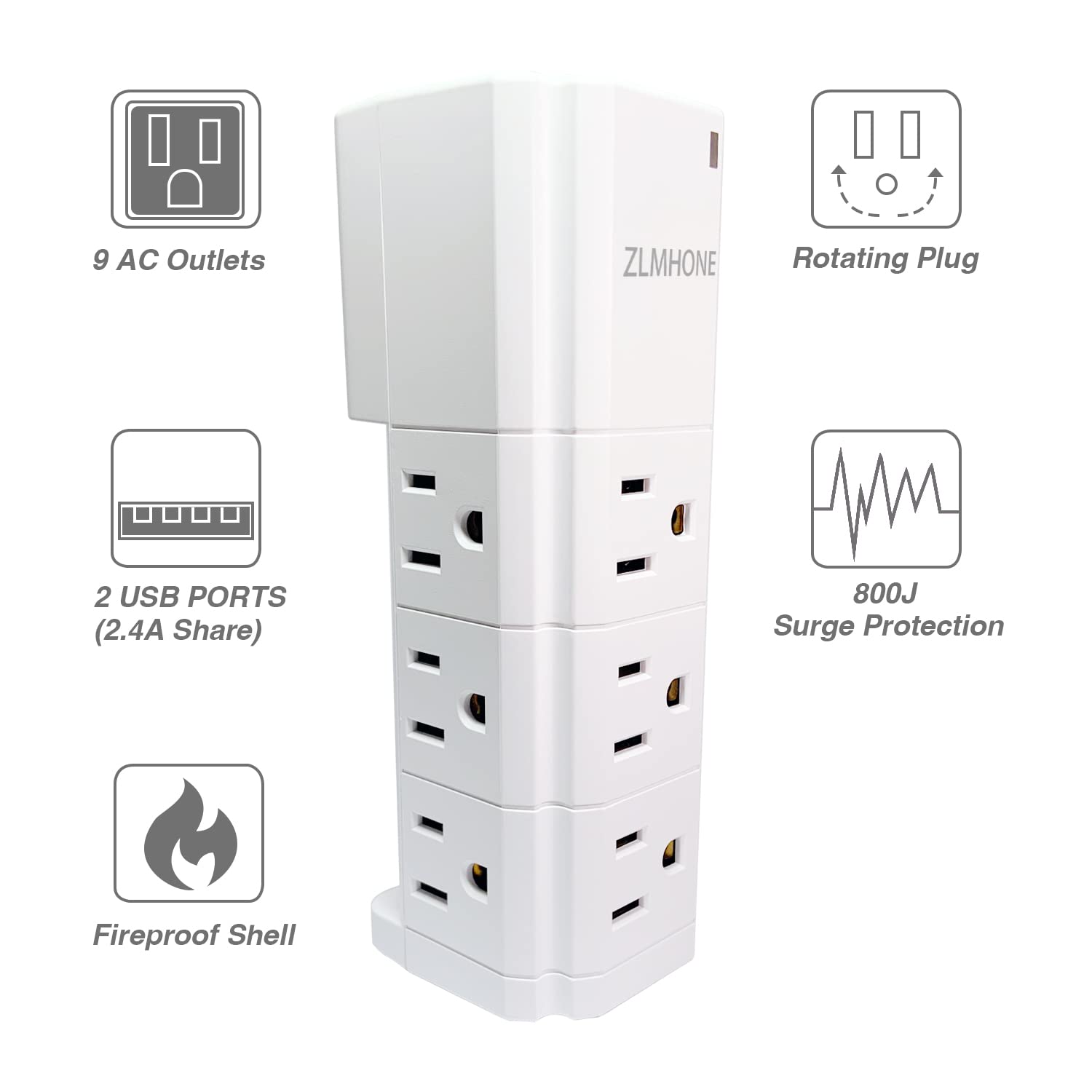 Wall Outlet Extender Surge Protector ZLMHONE 9AC Multiple Plug Outlet and 2 USB Charging Ports, 3-Sided Spaced Widely Wall Outlet Extender with Rotating Plug for Home, Office, Travel