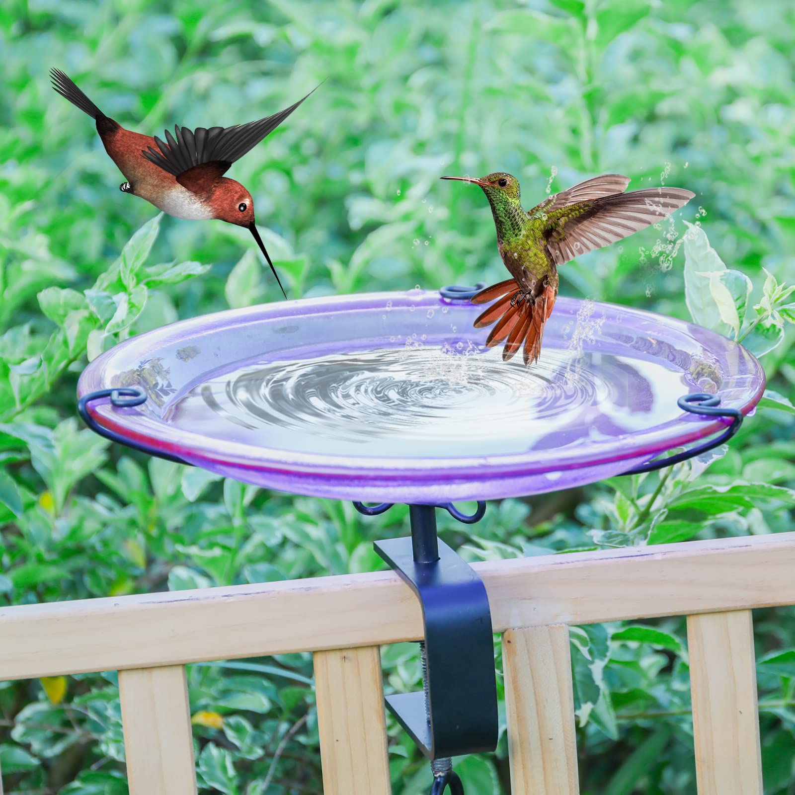 MUMTOP Deck Mounted Bird Bath, Glass Bird Baths Bowl Spa with Adjustable Sturdy Steel Clamp for Outdoor Garden Patio Lawn Yard Deck Railing Decoration, Purple