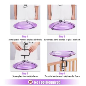 MUMTOP Deck Mounted Bird Bath, Glass Bird Baths Bowl Spa with Adjustable Sturdy Steel Clamp for Outdoor Garden Patio Lawn Yard Deck Railing Decoration, Purple