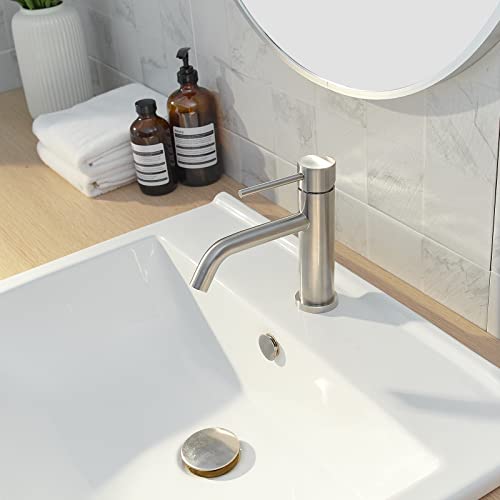 BATHLAVISH Bathroom Sink Faucet Brushed Nickel Single Hole Single Handle Modern Vanity Lavatory Mixer Tap RV Deck Mounted with Pop Up Drain with Overflow Combo