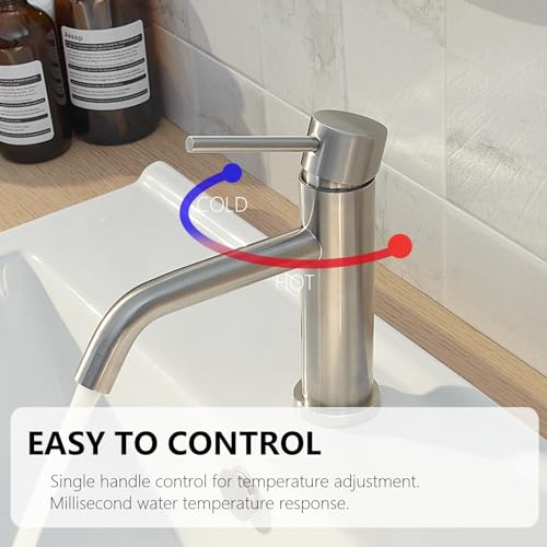 BATHLAVISH Bathroom Sink Faucet Brushed Nickel Single Hole Single Handle Modern Vanity Lavatory Mixer Tap RV Deck Mounted with Pop Up Drain with Overflow Combo