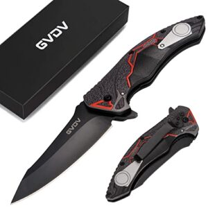 gvdv pocket knife with 7cr17 steel, assisted opening flipper knife with pocket clip, safety lock, folding knife for camping hiking fishing