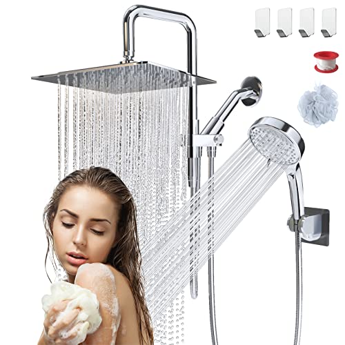 COSYLAND 8'' Rainfall Shower Head with Handheld Combo High Pressure 12 Settings Stainless Steel with Chrome Finish Bath Showerhead, Height/Angle Adjustable,Chrome