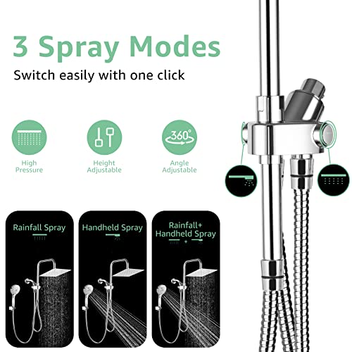 COSYLAND 8'' Rainfall Shower Head with Handheld Combo High Pressure 12 Settings Stainless Steel with Chrome Finish Bath Showerhead, Height/Angle Adjustable,Chrome