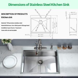 EcoChannels Kitchen Sink, 25 x 22 Inch Drop in Kitchen Sink Stainless Steel Topmount Kitchen Sink Workstation Sink Single Bowl