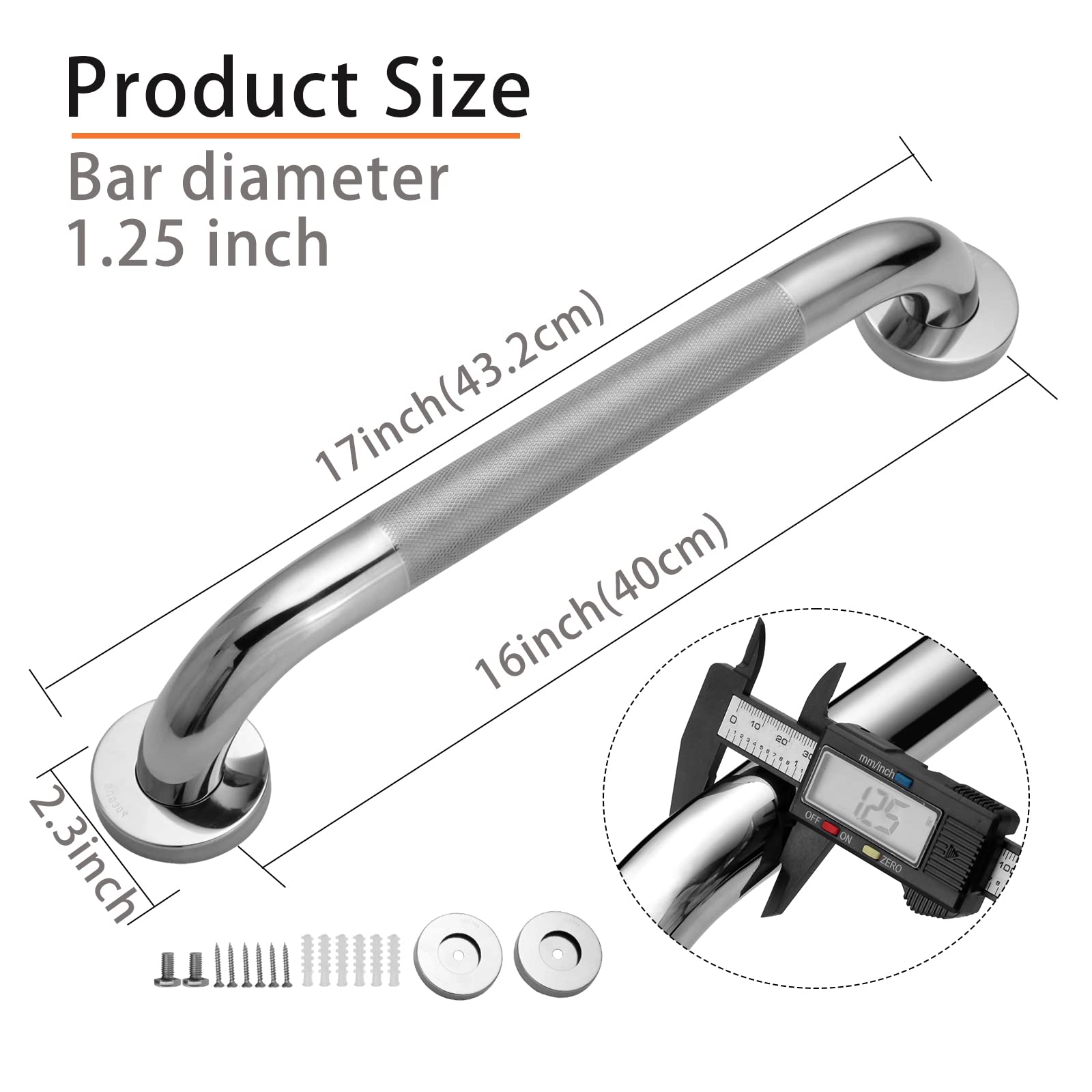 Rockgoya Shower Grab Bar, 2 Pack 16 Inch Bathroom Grab Bar, 304 Stainless Steel 1.25" Diameter Anti-Slip Handicap Grab Bar Support Shower Rail Senior Handrail Shower Safety Bar Handle