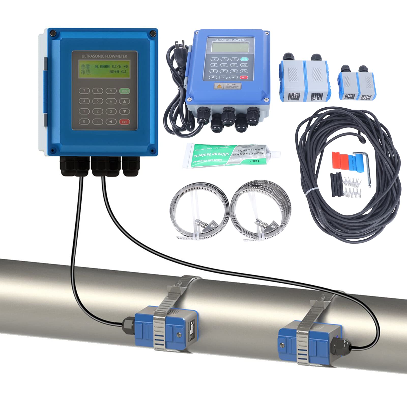 Ultrasonic Flow Meter TUF-2000B Liquid Water Flow Control Meter Flowmeter Counter LCD Display with TS-2 & TM-1 Clamp-on Transducers DN20-700mm