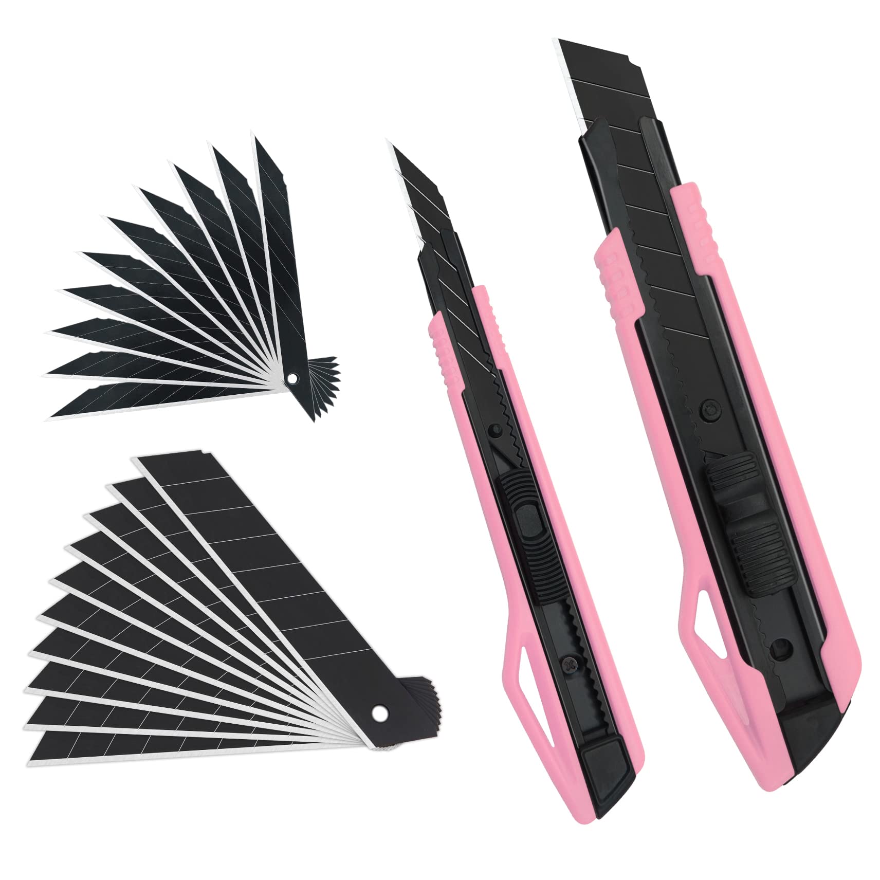 MANUFORE 2 Pack Pink Snap-off Utility Knife 9mm 30 Degree Knife and 18mm Knife Set with 20pcs Black Blades for Cutting Paper, cardboard