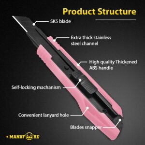 MANUFORE 2 Pack Pink Snap-off Utility Knife 9mm 30 Degree Knife and 18mm Knife Set with 20pcs Black Blades for Cutting Paper, cardboard