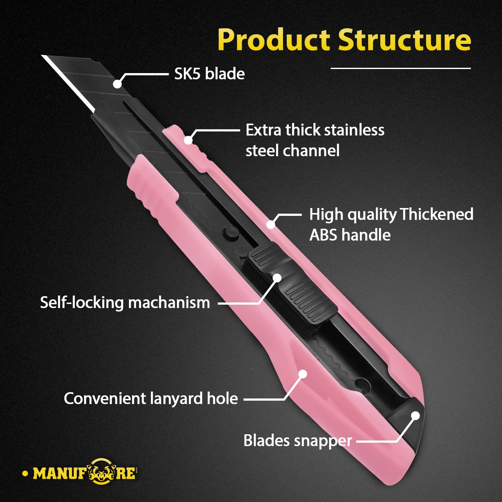 MANUFORE 2 Pack Pink Snap-off Utility Knife 9mm 30 Degree Knife and 18mm Knife Set with 20pcs Black Blades for Cutting Paper, cardboard