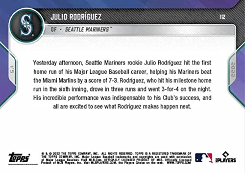 2022 Topps Now Julio Rodriguez - 1st Career MLB Homer is 450 Foot, 3-Run Blast - Seattle Mariners Baseball Rookie RC Card #112