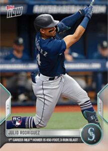 2022 topps now julio rodriguez - 1st career mlb homer is 450 foot, 3-run blast - seattle mariners baseball rookie rc card #112