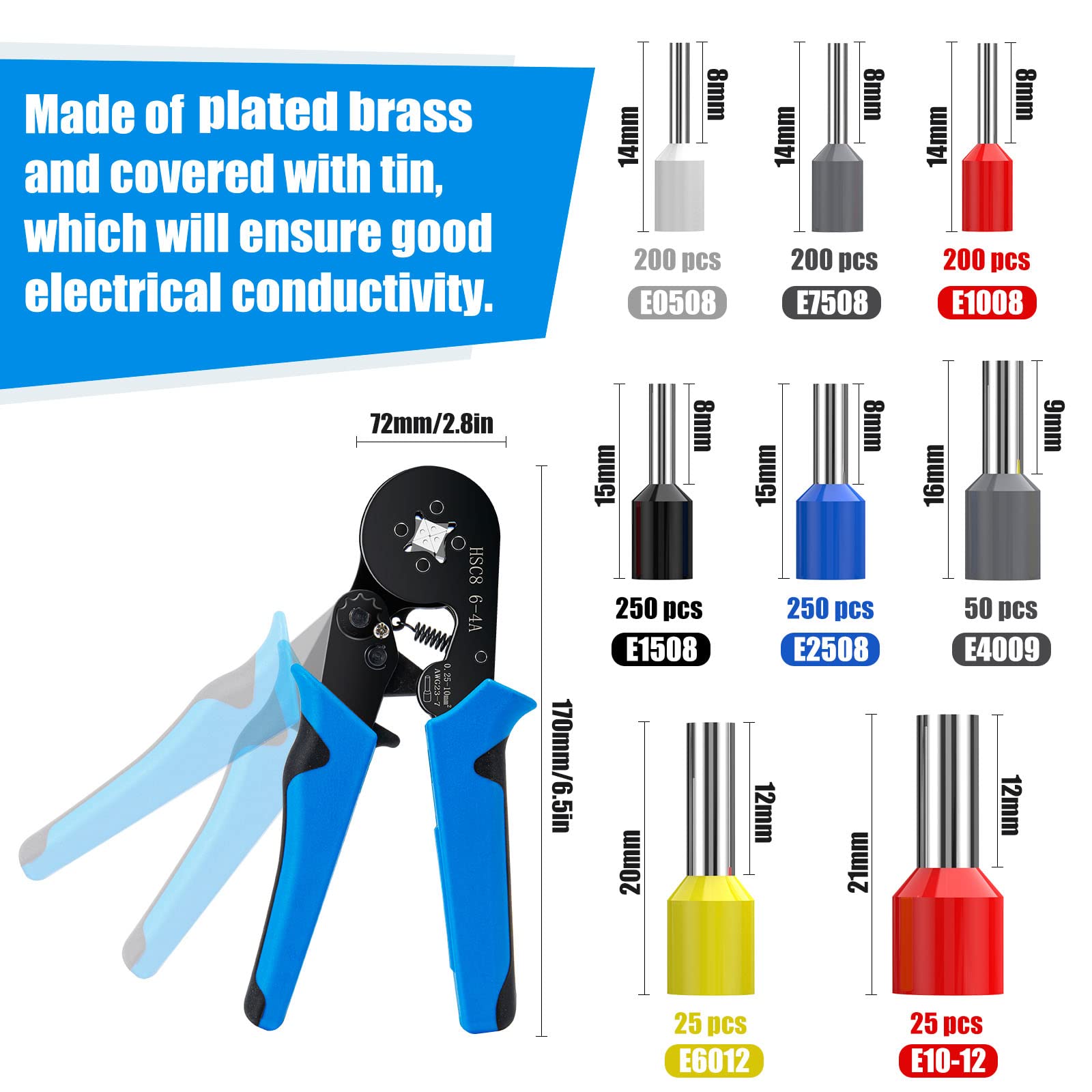 Ferrule Crimping Tool Kit, LUNEY Wire Ferrule Kit with 1250PCS Wire End Ferrules & Crimper Plier, Self-adjustable Ratchet Tool Set for AWG 23-7 Electrical Wire Connectors, 0.25-10mm²