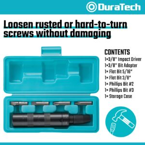 DURATECH 3/8 Inch Drive Manual Impact Driver, Reversible Hand Screwdriver Set, with S2 Steel Bits, 5-Piece, for Tighten/Rusted Fasteners, organized in storage case