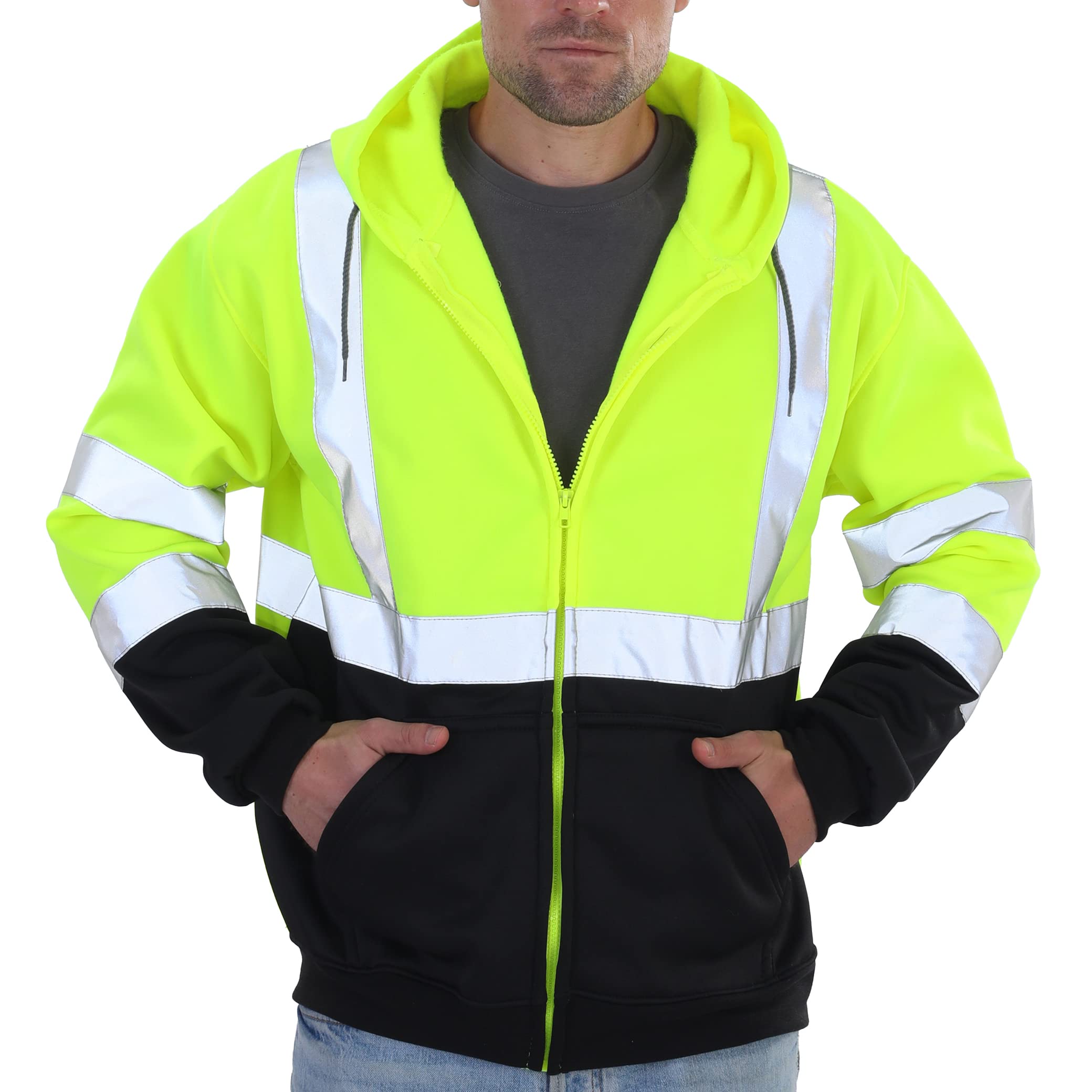 sesafety High Visibility Safety Sweatshirt for Men, Class 3 Reflective Zippered Hooded Sweatshirt, Hi-Vis Safety Hoodie with Black Bottom, Yellow, XL