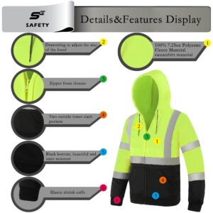 sesafety High Visibility Safety Sweatshirt for Men, Class 3 Reflective Zippered Hooded Sweatshirt, Hi-Vis Safety Hoodie with Black Bottom, Yellow, XL