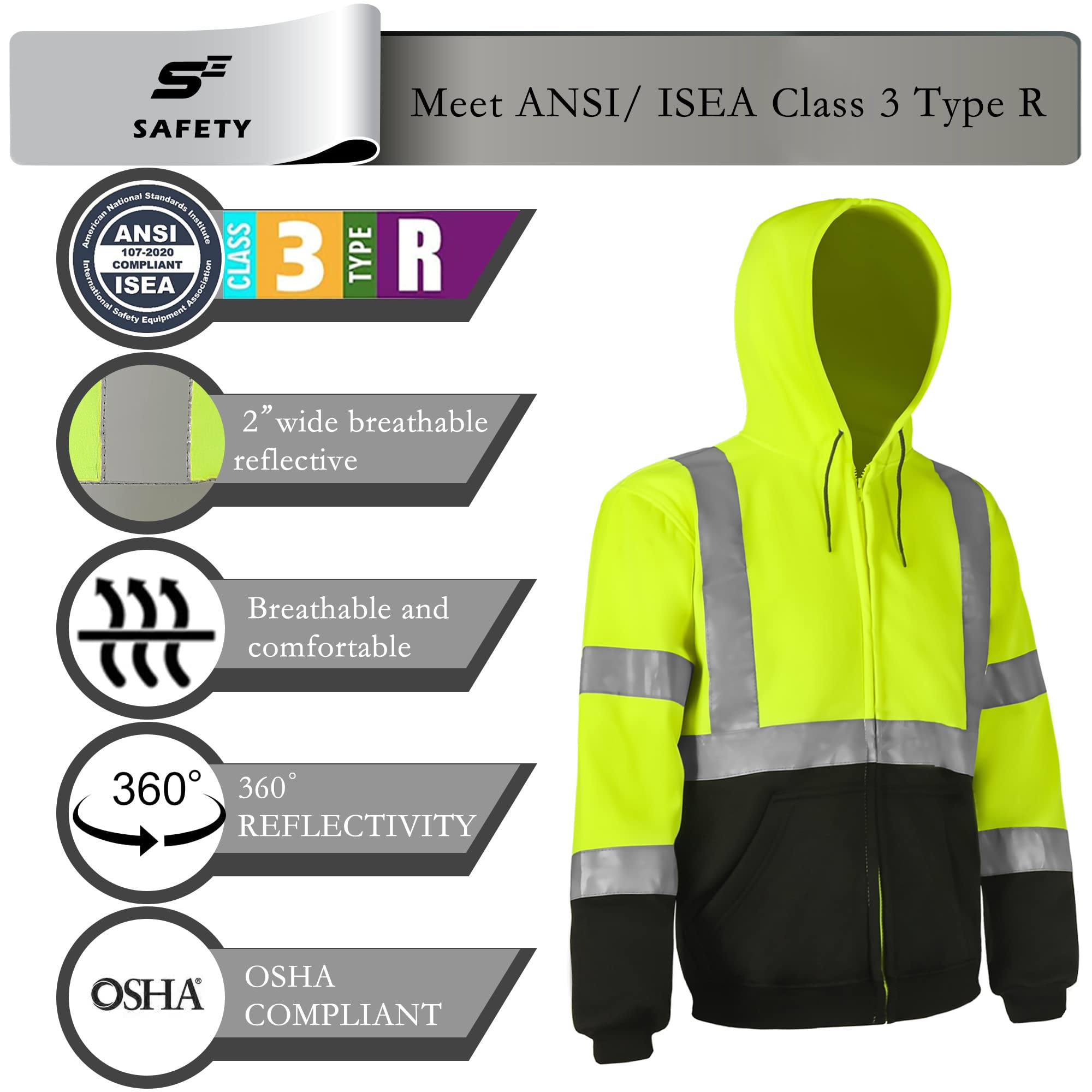 sesafety High Visibility Safety Sweatshirt for Men, Class 3 Reflective Zippered Hooded Sweatshirt, Hi-Vis Safety Hoodie with Black Bottom, Yellow, XL