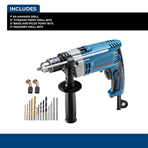 DongCheng Hammer Drill 6A,1/2 Inch Keyed Chuck, 0-3000 RPM/45000 BPM Impact Drill with 15PCS Drilling Bits for Concrete，Metal & Wood, DZJ05-13