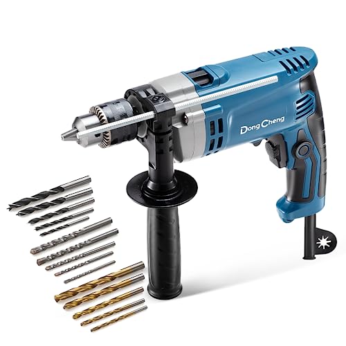 DongCheng Hammer Drill 6A,1/2 Inch Keyed Chuck, 0-3000 RPM/45000 BPM Impact Drill with 15PCS Drilling Bits for Concrete，Metal & Wood, DZJ05-13