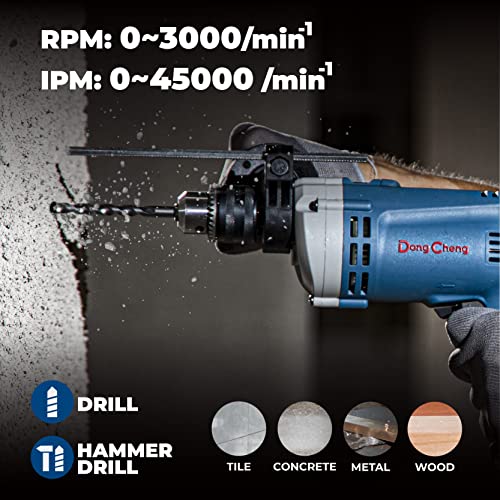 DongCheng Hammer Drill 6A,1/2 Inch Keyed Chuck, 0-3000 RPM/45000 BPM Impact Drill with 15PCS Drilling Bits for Concrete，Metal & Wood, DZJ05-13