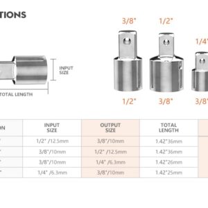 Impact Socket Adapter and Reducer Set 4-Piece for Impact Driver Ratchet Docket Extentsion Conversion Tool 1/4 to 3/8 x 3/8 to 1/4 x 3/8 to 1/2 x 1/2 to 3/8,Square Ratchet Socket Adapter,Cr-V(Silver)