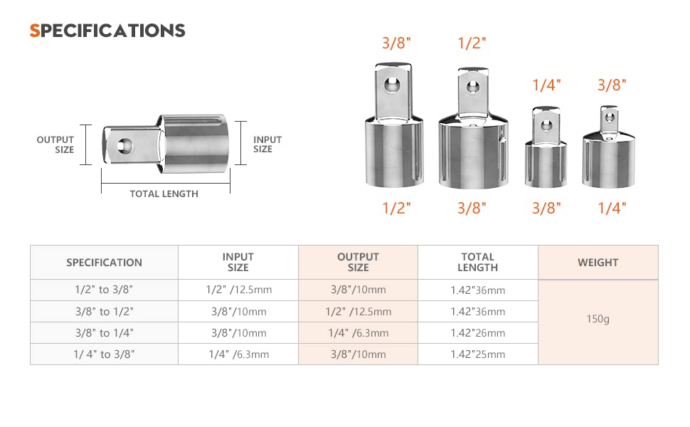 Impact Socket Adapter and Reducer Set 4-Piece for Impact Driver Ratchet Docket Extentsion Conversion Tool 1/4 to 3/8 x 3/8 to 1/4 x 3/8 to 1/2 x 1/2 to 3/8,Square Ratchet Socket Adapter,Cr-V(Silver)