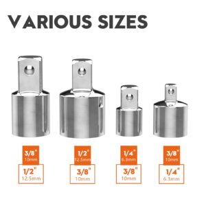 Impact Socket Adapter and Reducer Set 4-Piece for Impact Driver Ratchet Docket Extentsion Conversion Tool 1/4 to 3/8 x 3/8 to 1/4 x 3/8 to 1/2 x 1/2 to 3/8,Square Ratchet Socket Adapter,Cr-V(Silver)