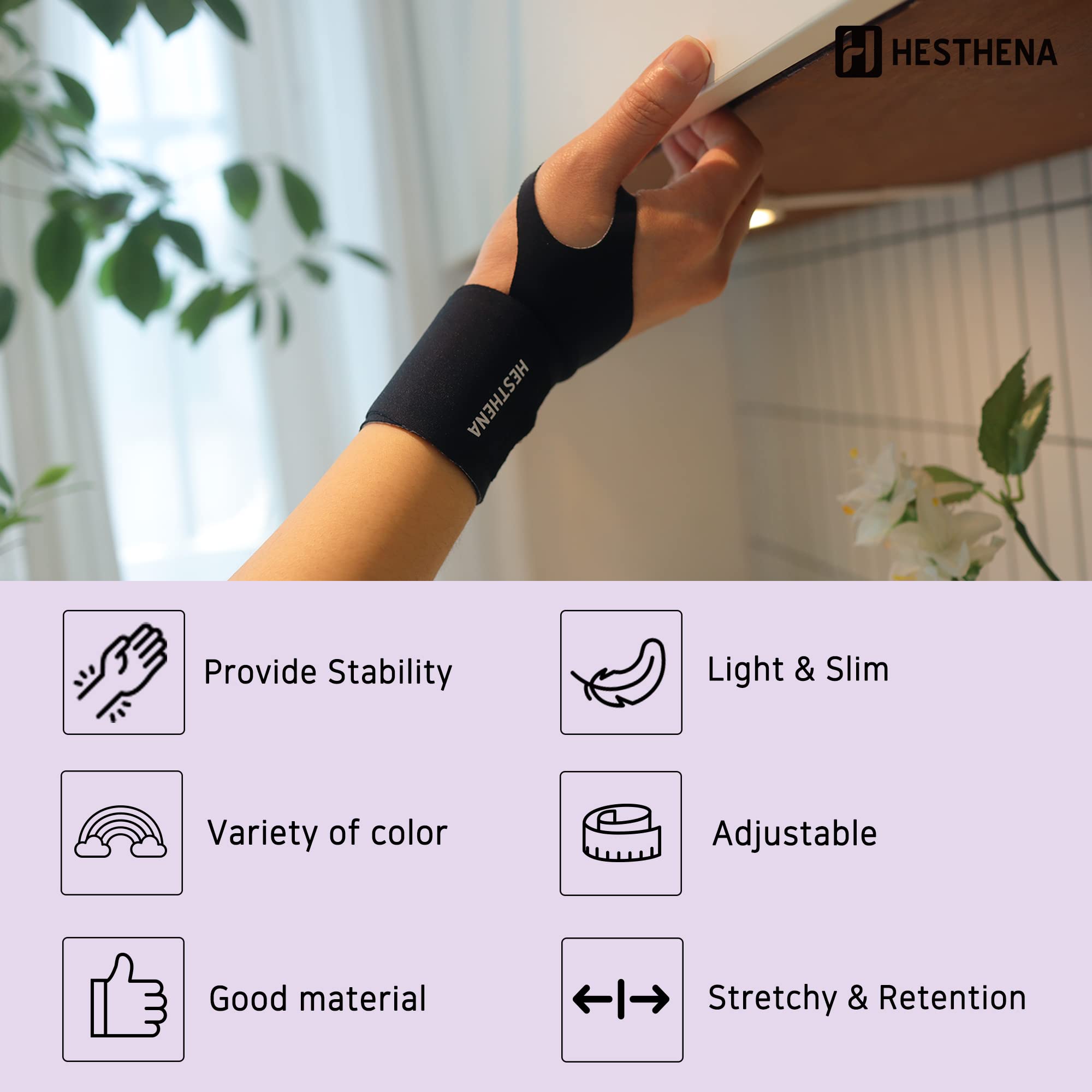 HESTHENA Slim and Colorful Wrist Brace, Flexible, Wrist Support, for Men and Women, Adjustable, Sports, Lightweight, Fits Both Hands, 1pcs (Lavender)