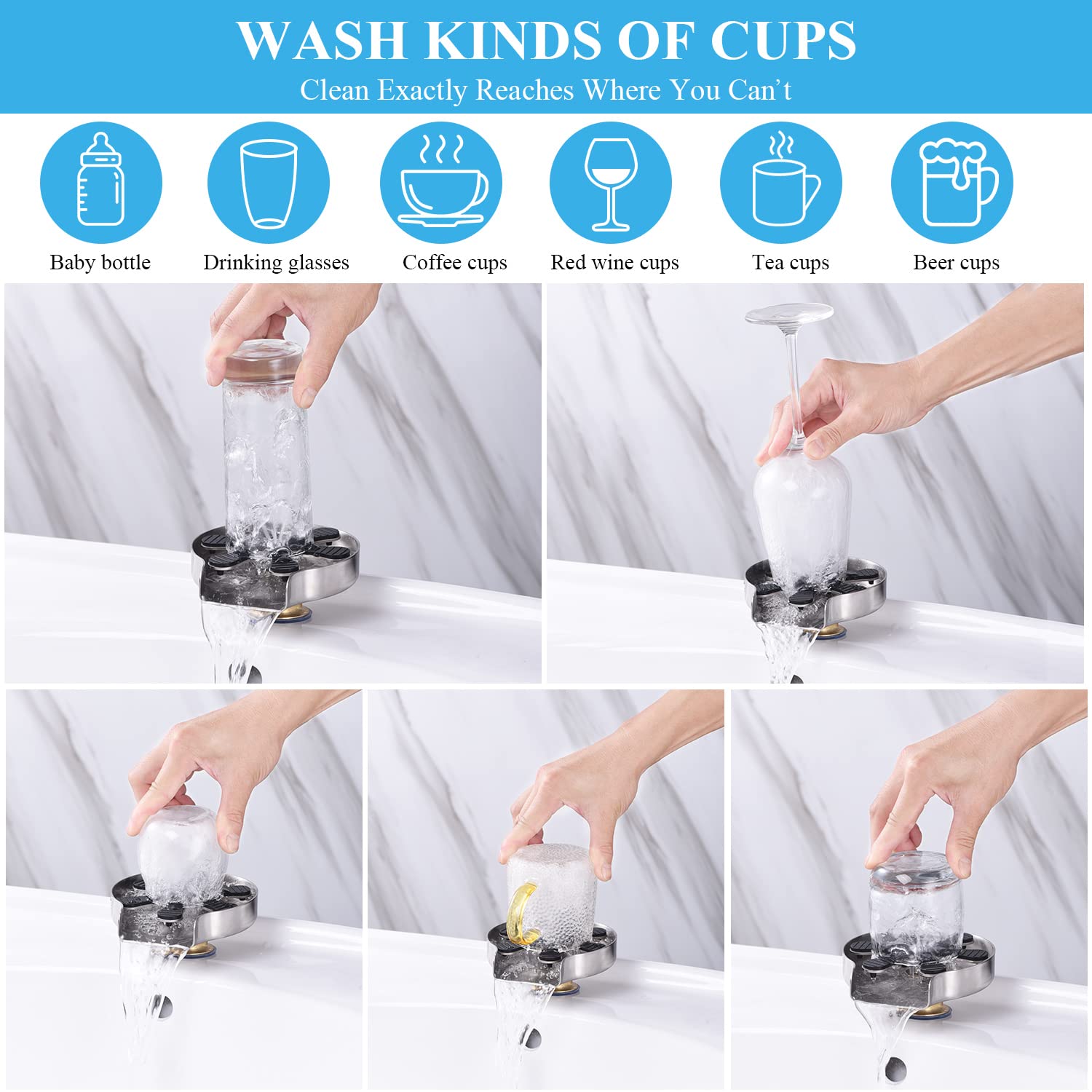 Glass Rinser for Kitchen Sink - Stainless Steel Glass Rinser Cup Washer, 9 Water Spraying Holes Bottle Washer Kitchen Sink Cup Cleaner Accessories, Quick Rinser for Baby Bottle, Bar Glass Rinser