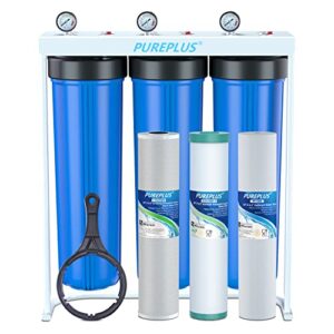 pureplus whole house water filter, 3 stage 20" home water filtration system, sediment, granular activated carbon, carbon block filter, includes pressure gauges, freestanding steal frame